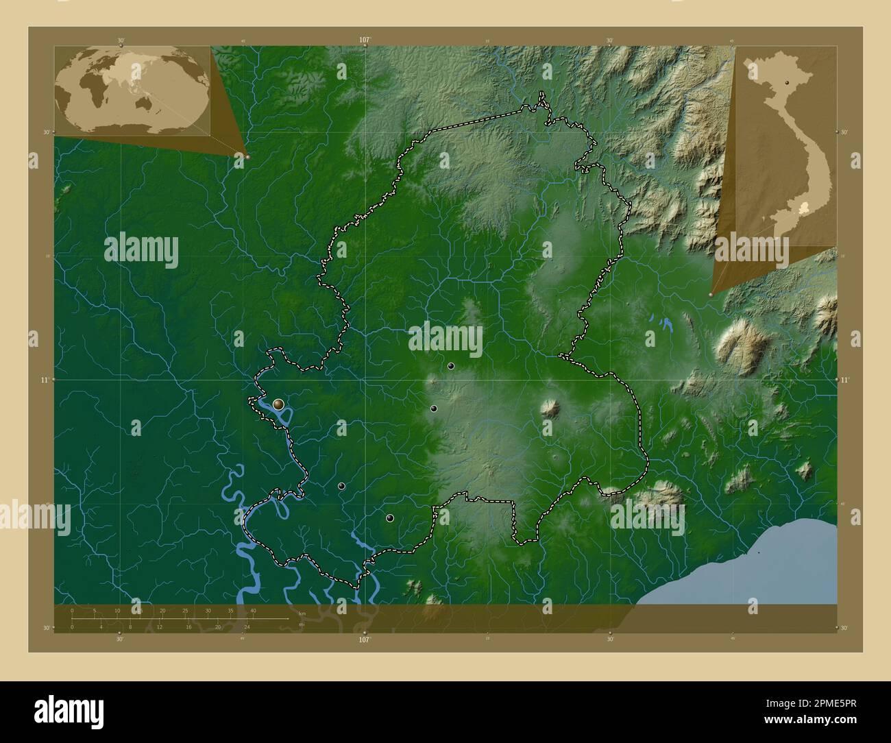 ong Nai, province of Vietnam. Colored elevation map with lakes and ...