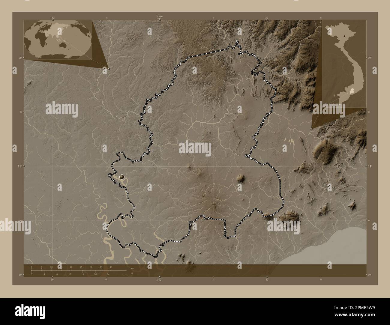 ong Nai, province of Vietnam. Elevation map colored in sepia tones with ...