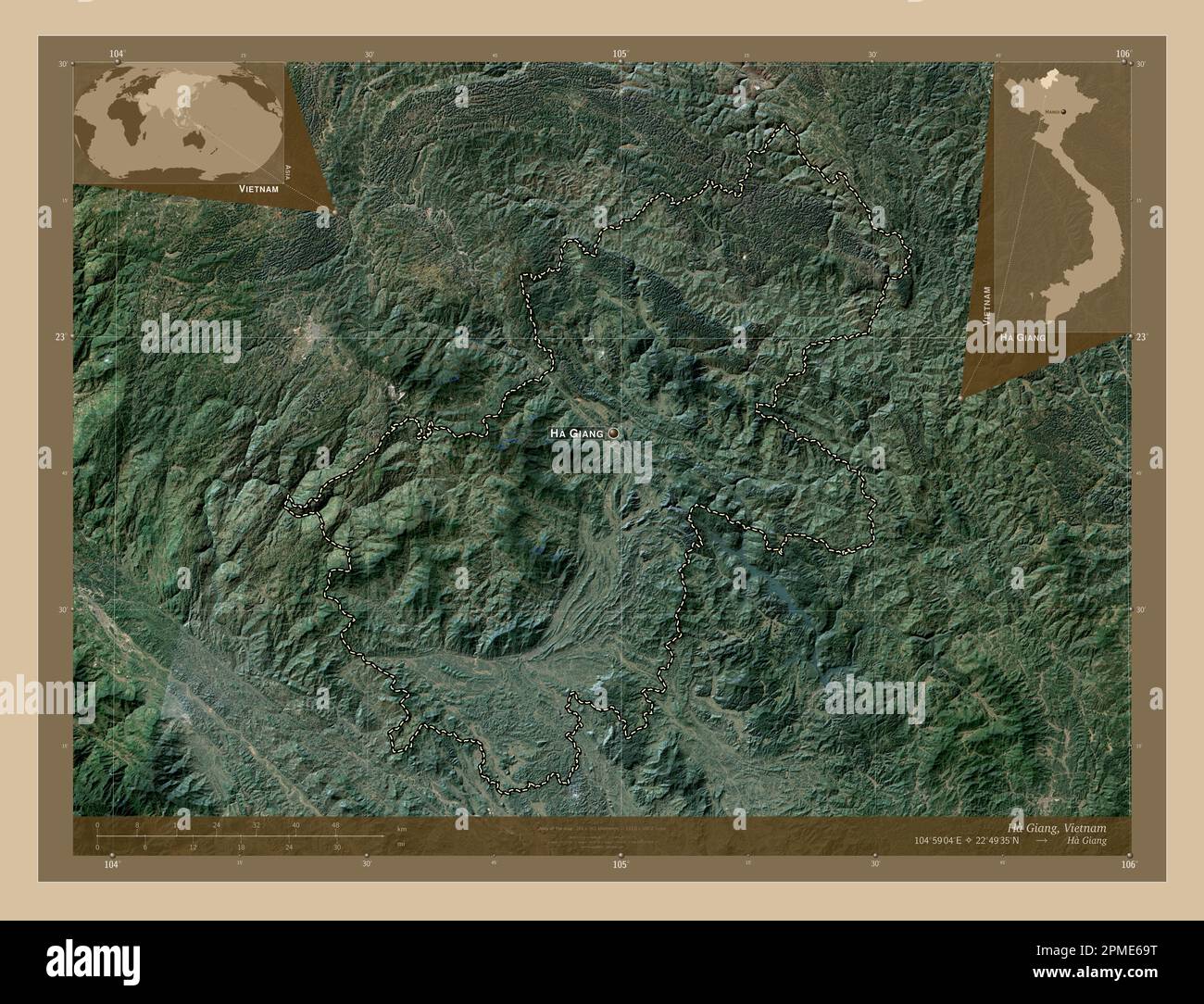 Ha Giang, province of Vietnam. Low resolution satellite map. Locations ...