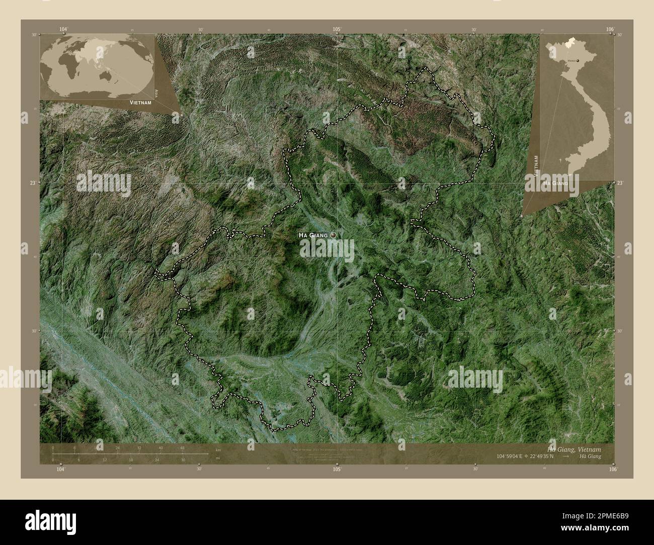 Ha Giang, province of Vietnam. High resolution satellite map. Locations and names of major ...