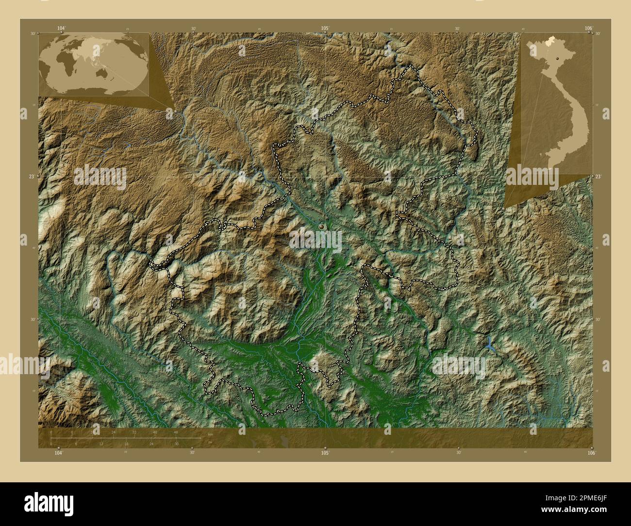 Ha Giang, province of Vietnam. Colored elevation map with lakes and ...