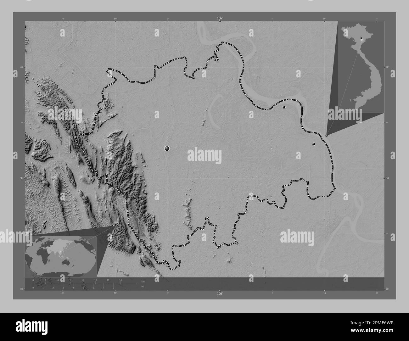 Ha Nam, province of Vietnam. Grayscale elevation map with lakes and ...