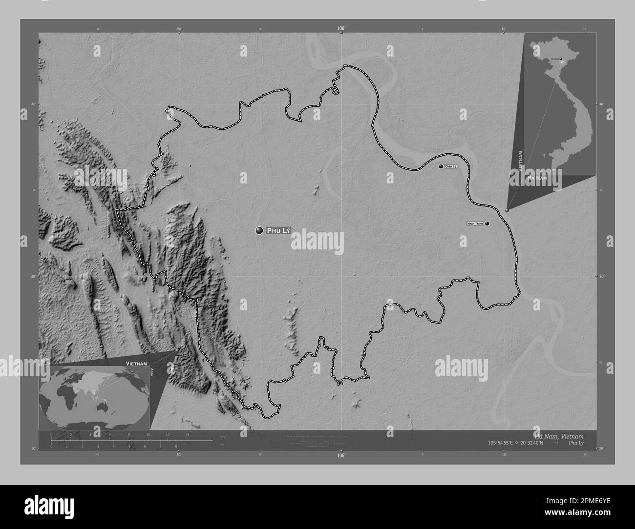 Ha Nam, province of Vietnam. Grayscale elevation map with lakes and ...