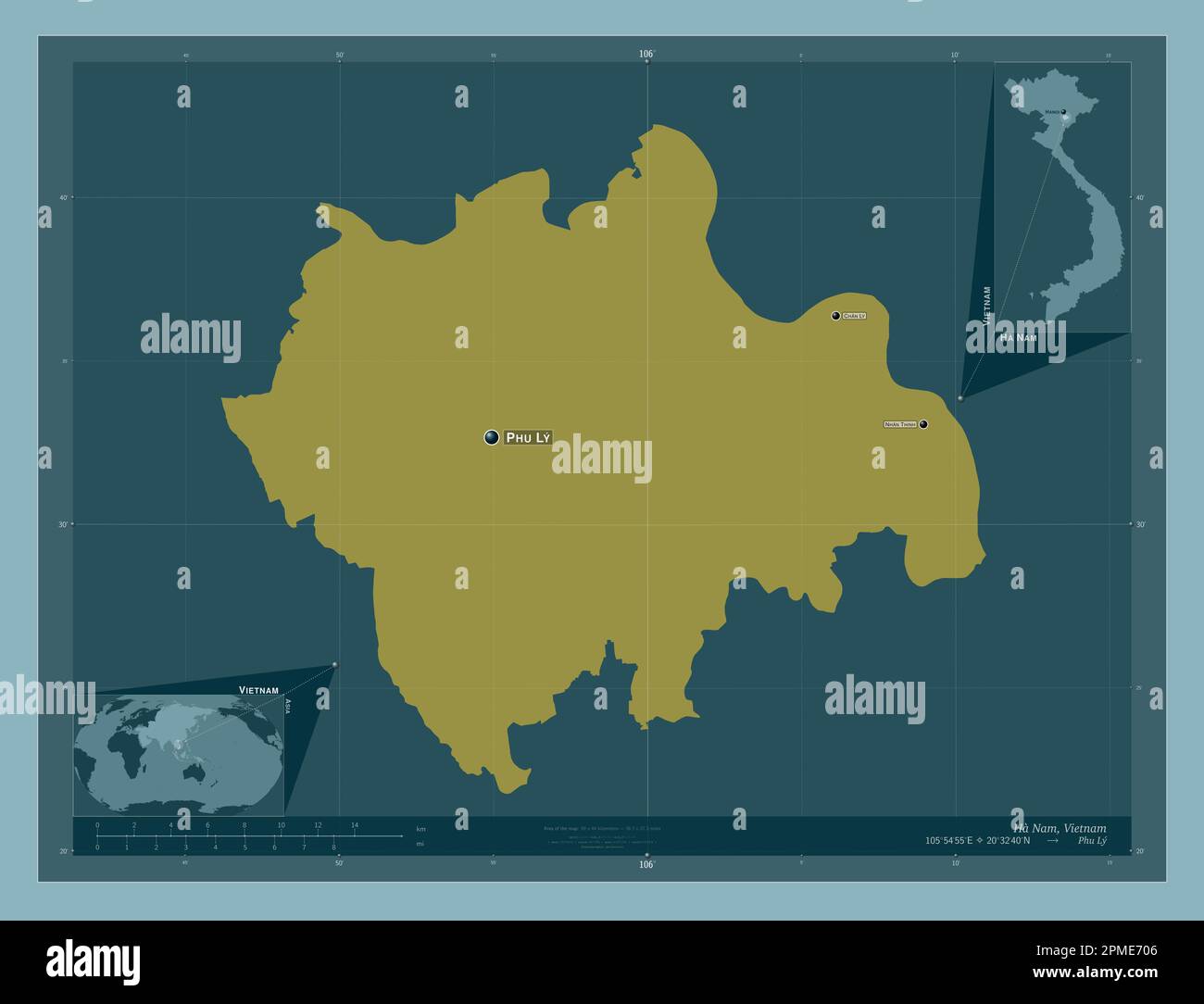 Ha Nam, province of Vietnam. Solid color shape. Locations and names of ...