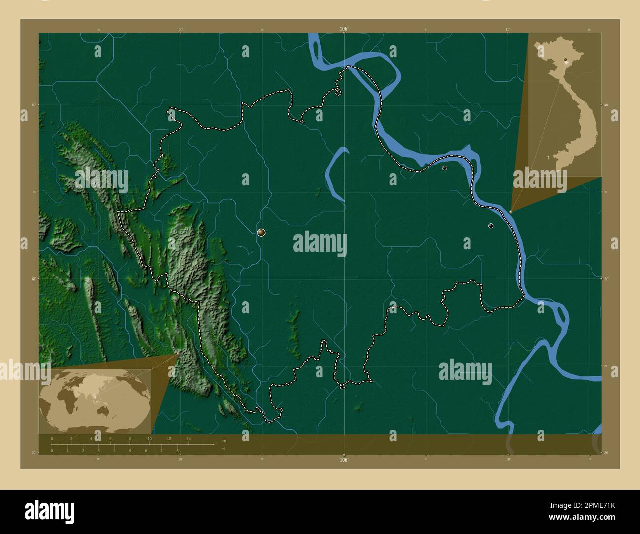Ha Nam, province of Vietnam. Colored elevation map with lakes and ...