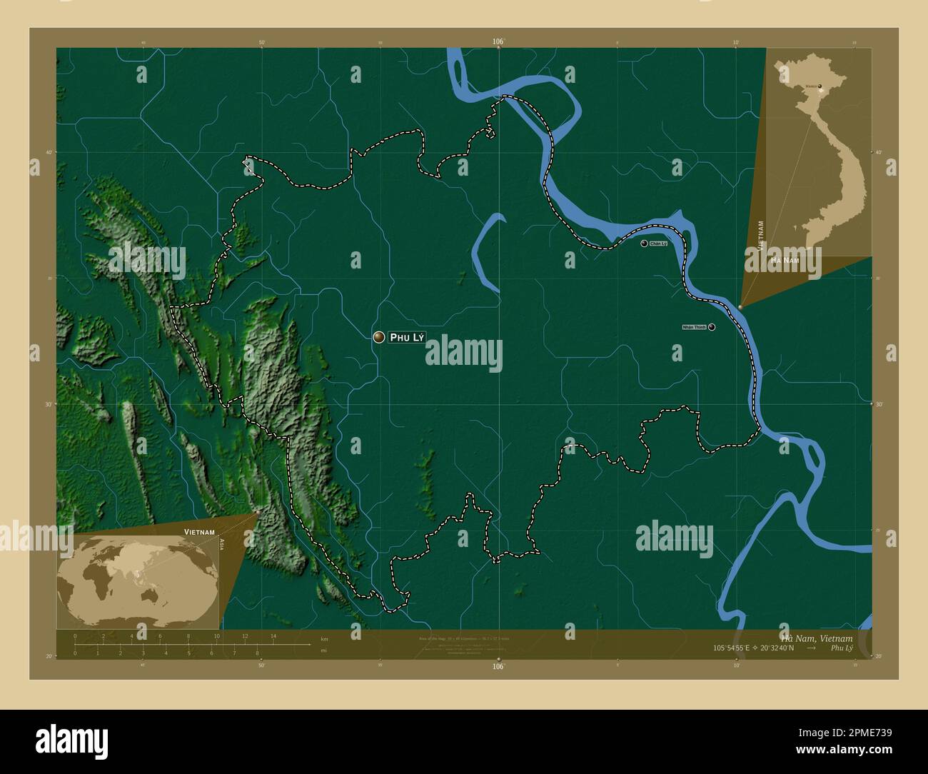Ha Nam, province of Vietnam. Colored elevation map with lakes and ...