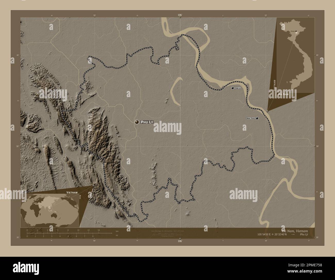Ha Nam, province of Vietnam. Elevation map colored in sepia tones with ...