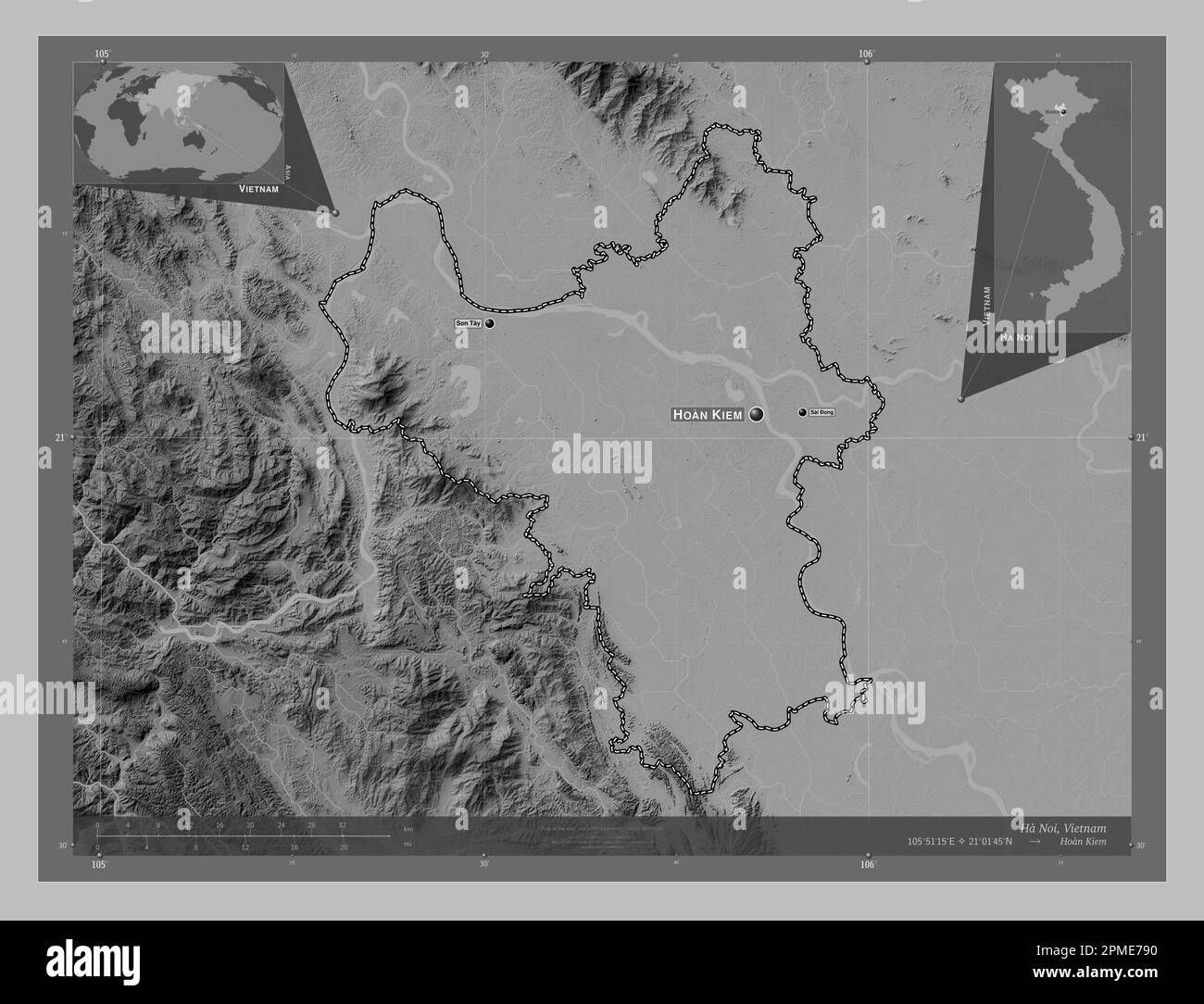 Ha Noi, city|municipality|thanh pho of Vietnam. Grayscale elevation map ...