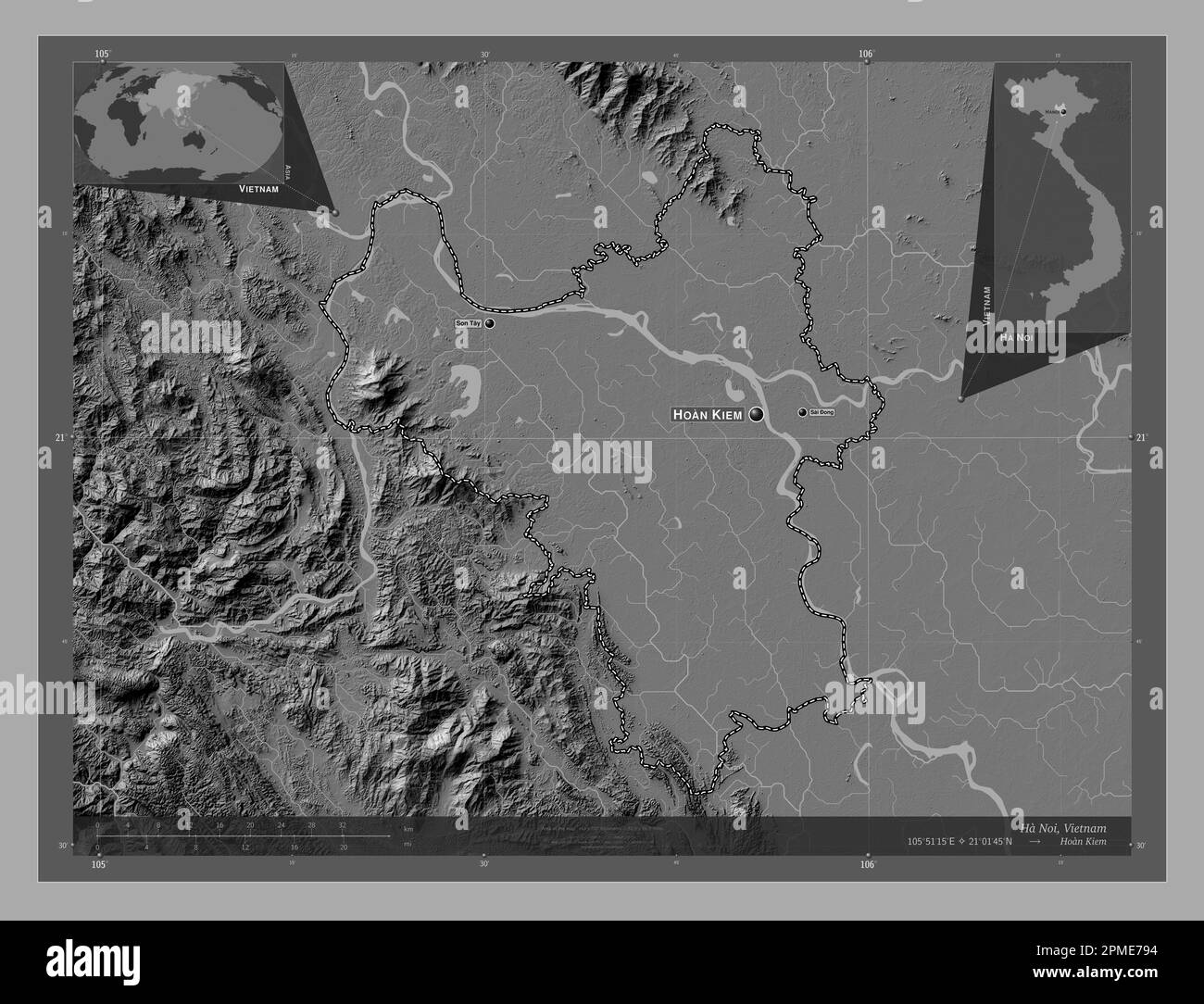 Ha Noi, city|municipality|thanh pho of Vietnam. Bilevel elevation map ...
