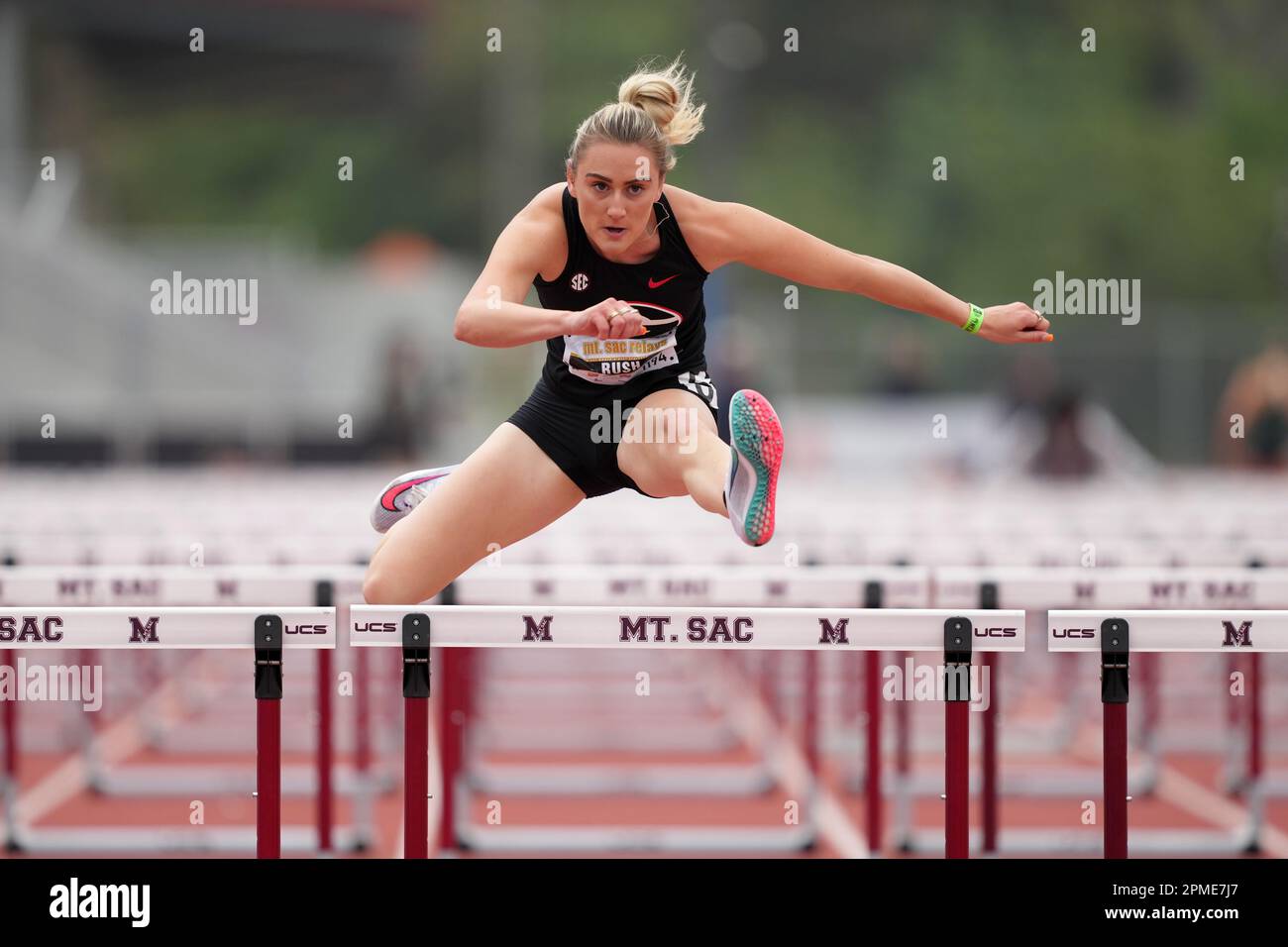 Ella Rush of Georgia competes in the heptathlon 100m hurdles during the ...