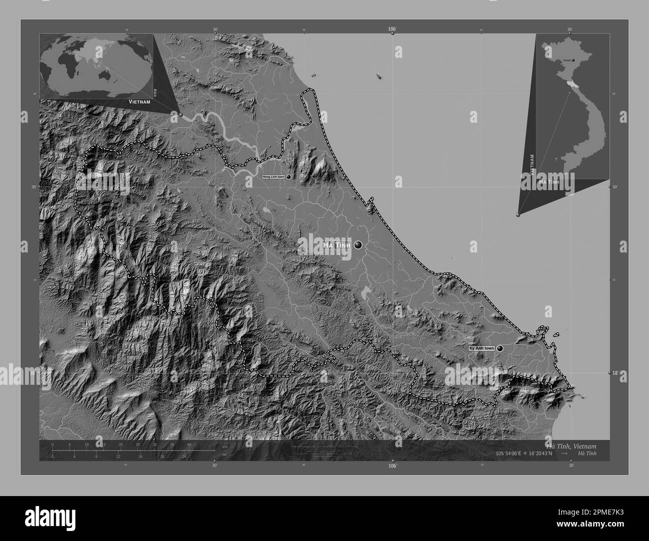 Ha Tinh, province of Vietnam. Bilevel elevation map with lakes and ...