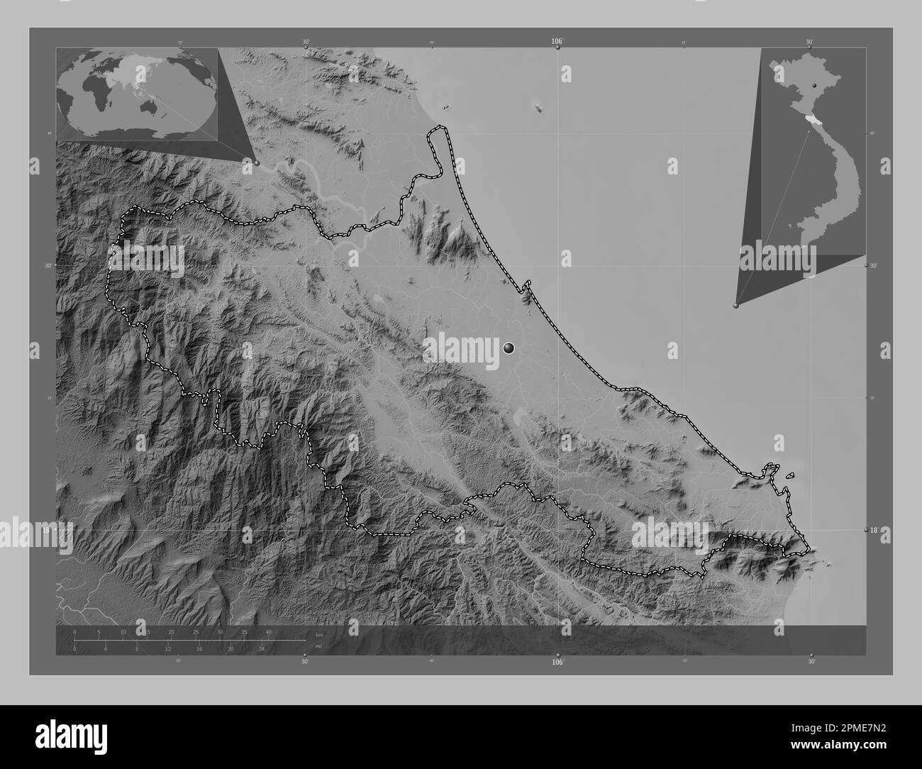Ha Tinh, province of Vietnam. Grayscale elevation map with lakes and ...