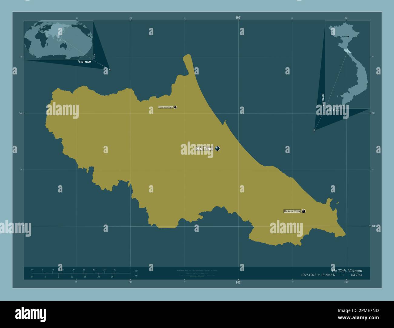 Ha Tinh, province of Vietnam. Solid color shape. Locations and names of ...