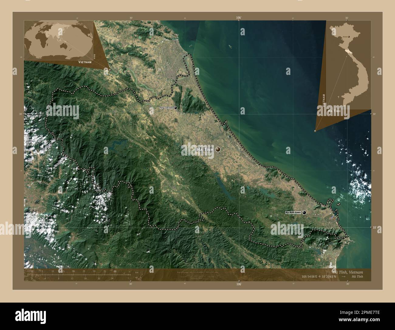 Ha Tinh, province of Vietnam. Low resolution satellite map. Locations ...