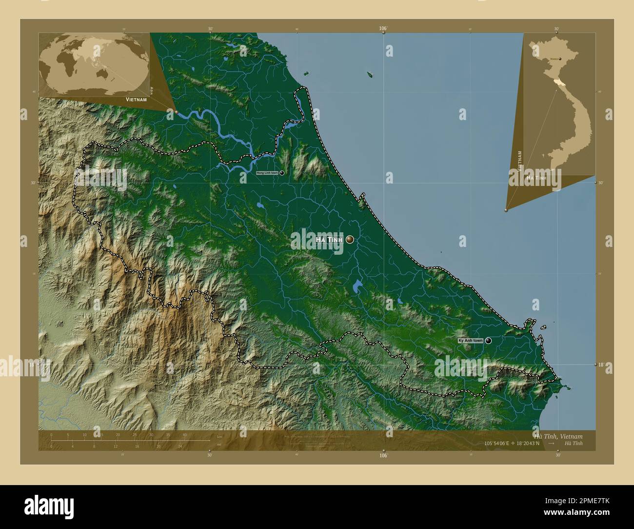 Ha Tinh, province of Vietnam. Colored elevation map with lakes and ...