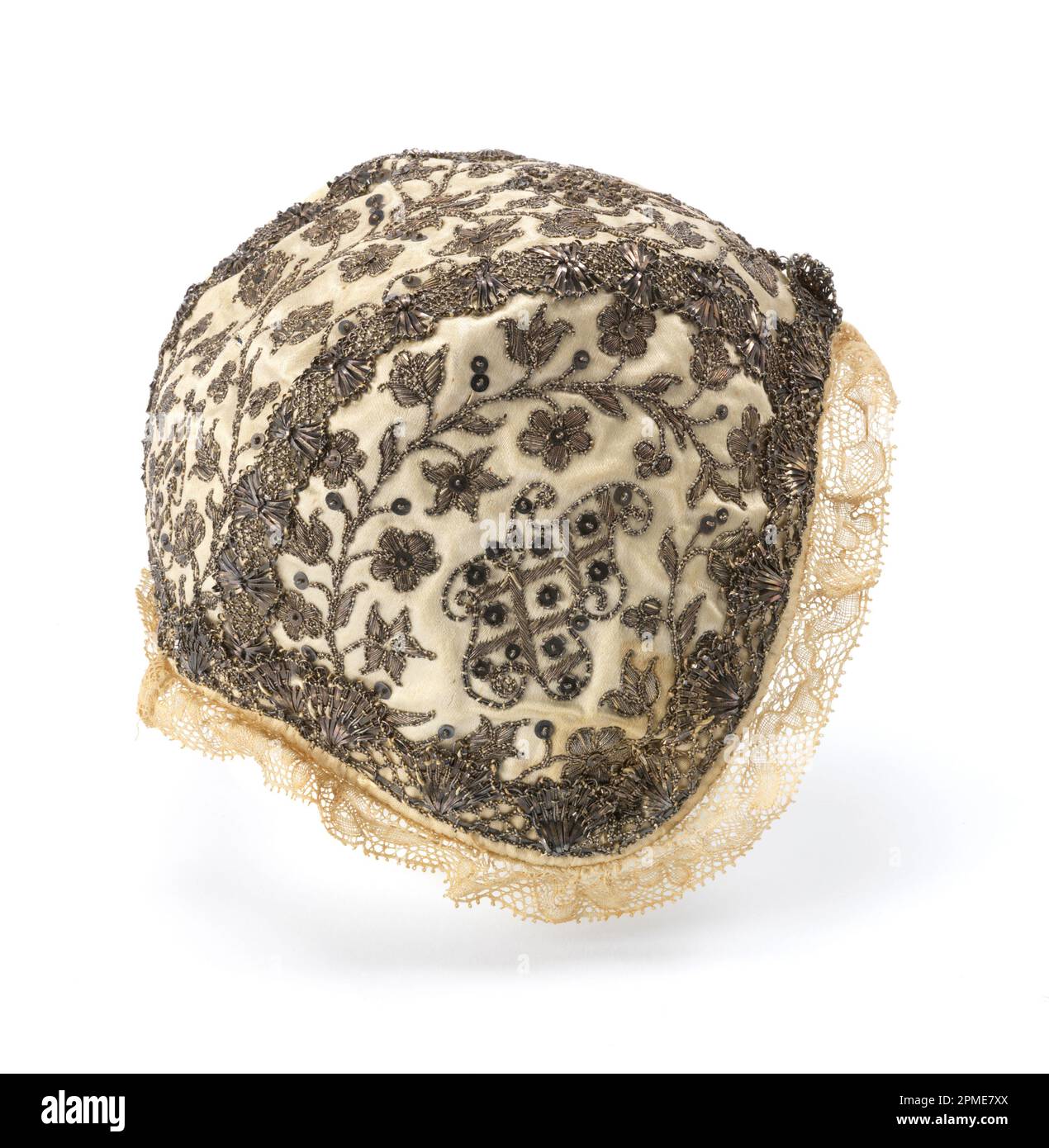 Infant's Cap; silk, linen, metallic yarns (metal wrapped around a silk ...
