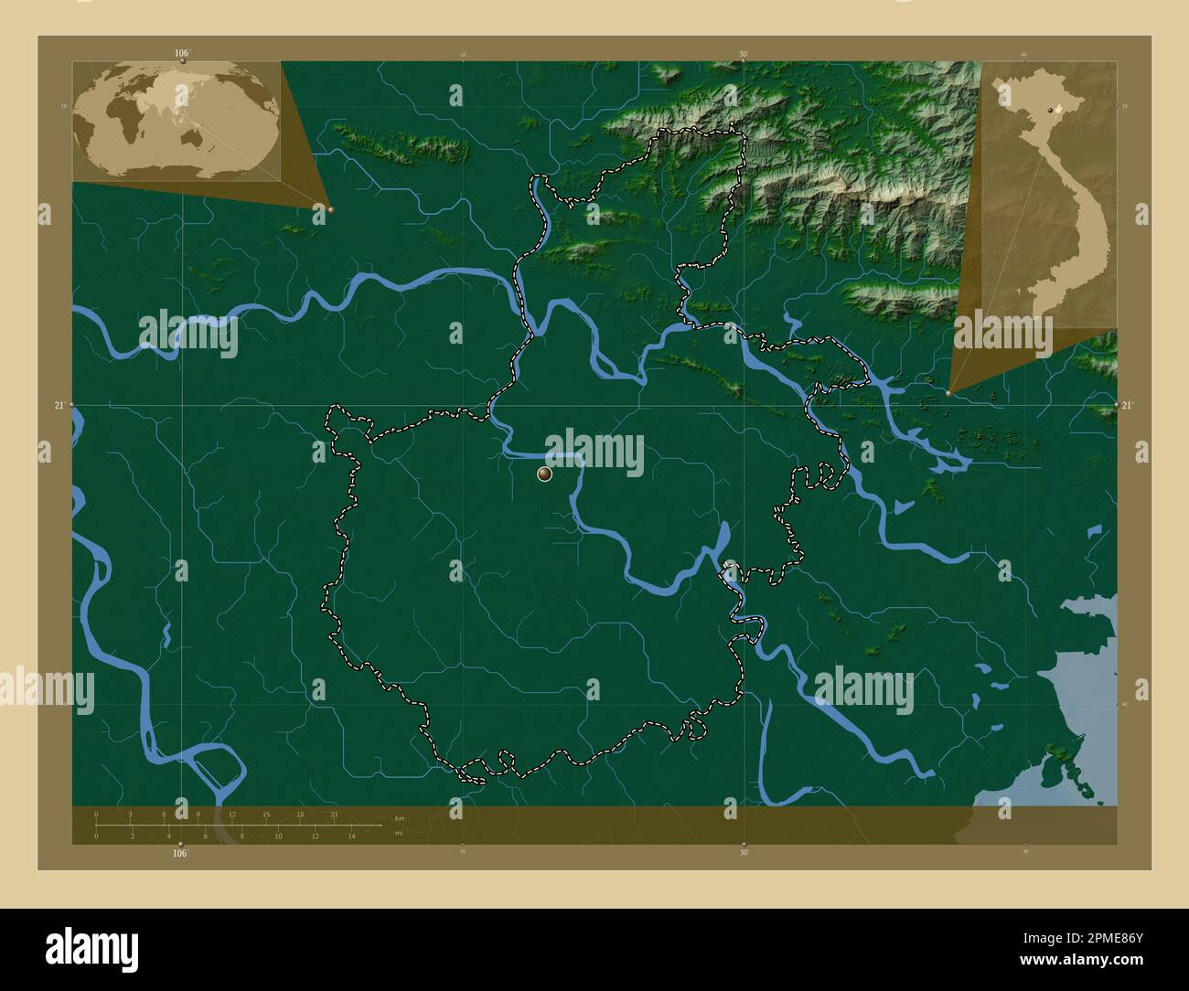 Hai Duong, province of Vietnam. Colored elevation map with lakes and ...