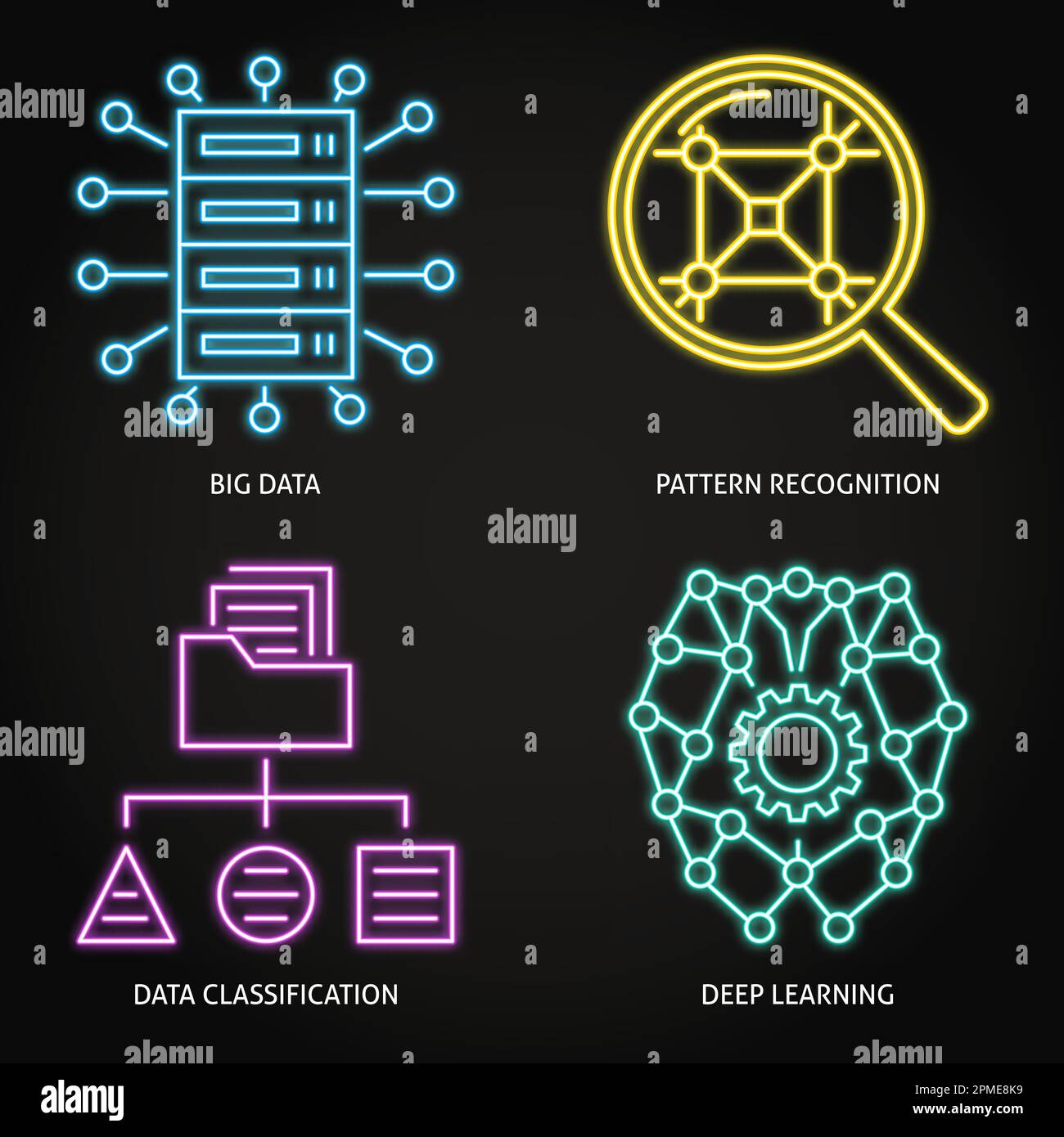 Data classification and deep learning neon icon set. Vector ...