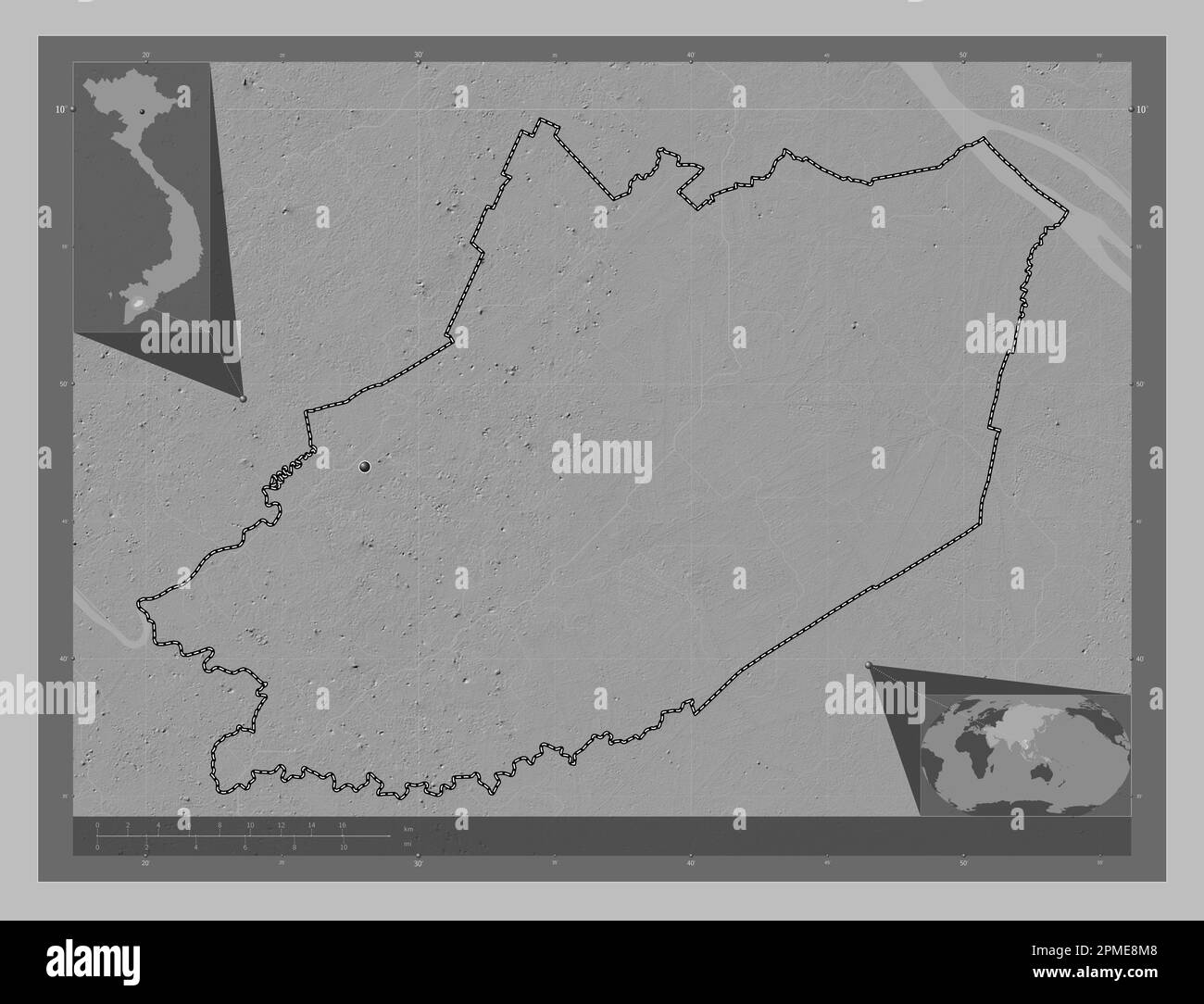 Hau Giang, province of Vietnam. Grayscale elevation map with lakes and ...