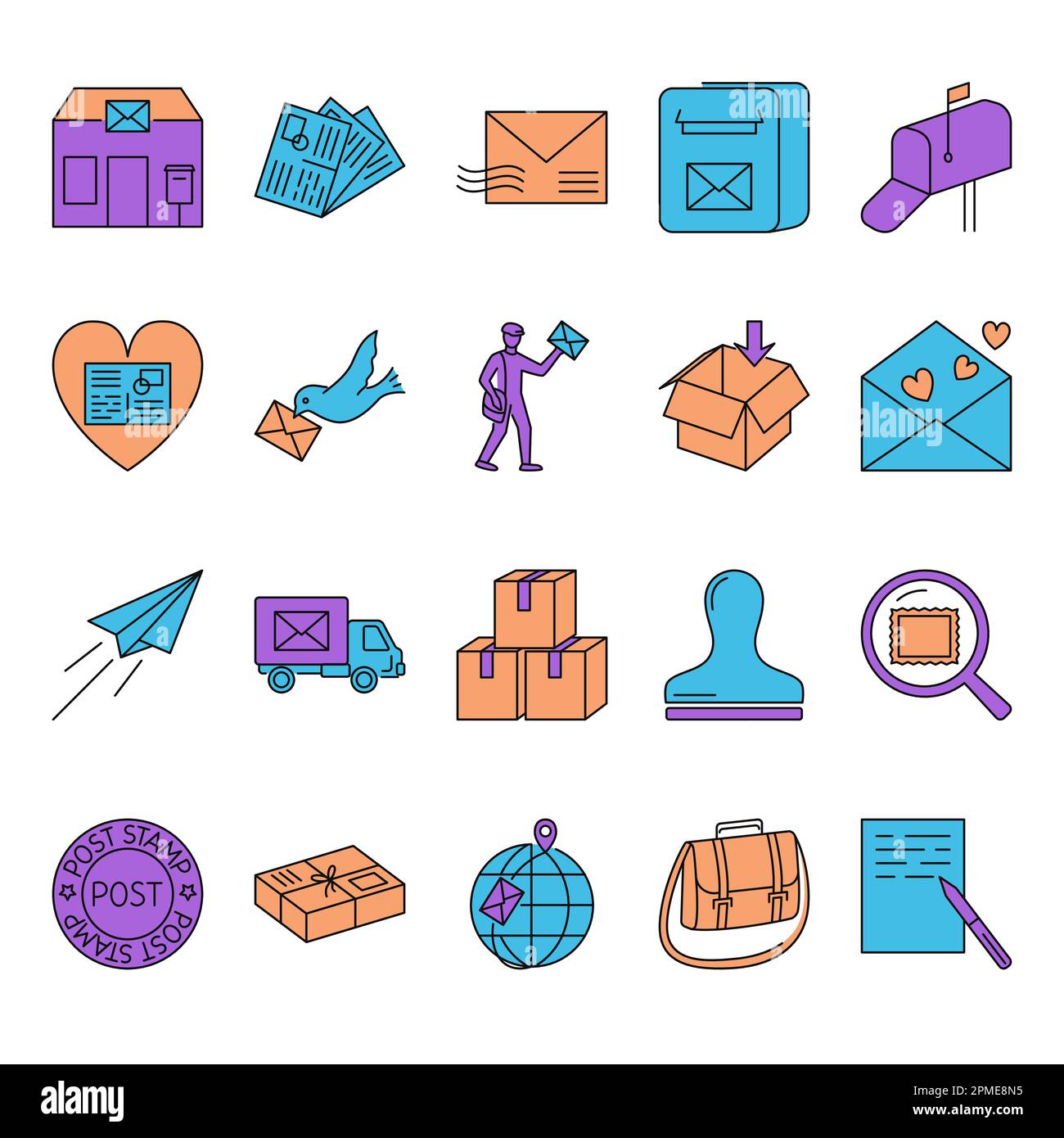 Mail delivery icon set in colored line style. Post station and services ...