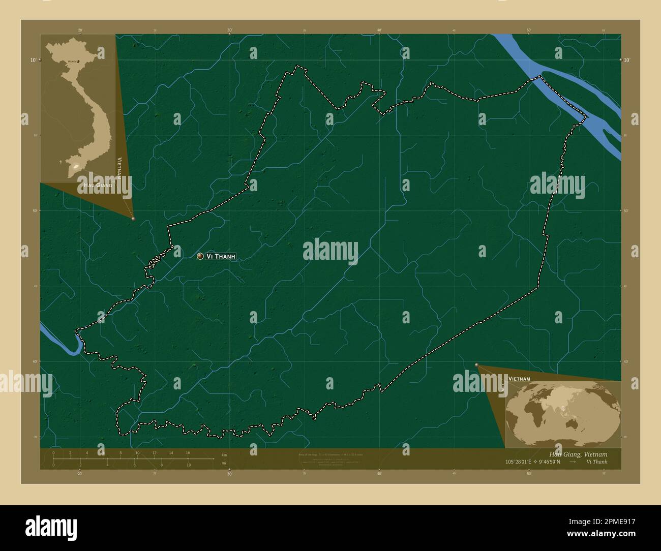 Hau Giang, province of Vietnam. Colored elevation map with lakes and ...