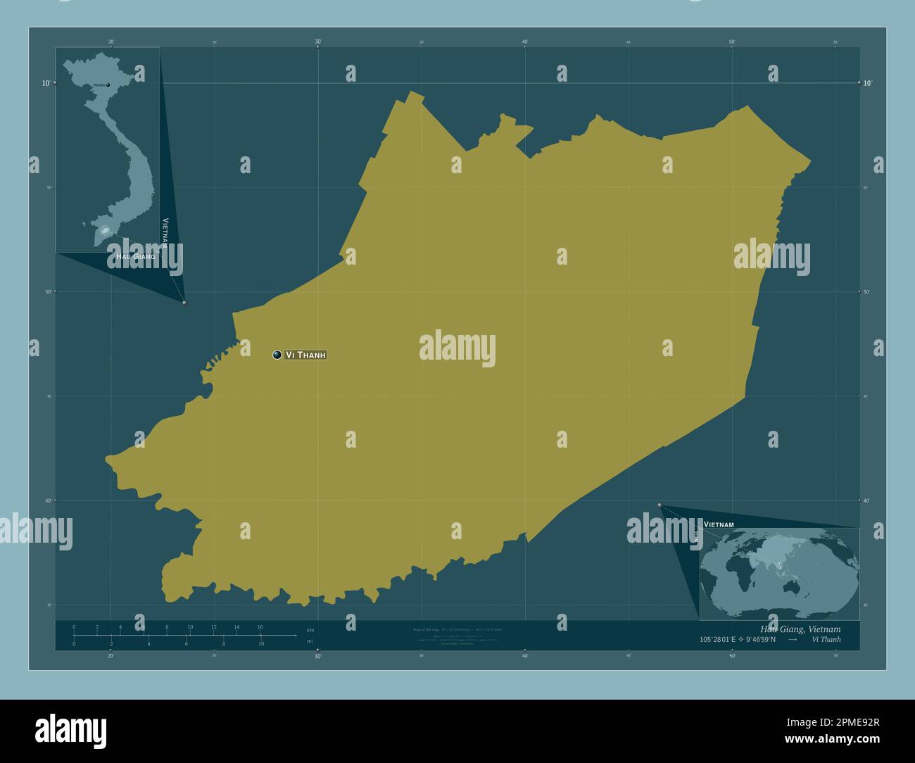 Hau Giang, province of Vietnam. Solid color shape. Locations and names ...