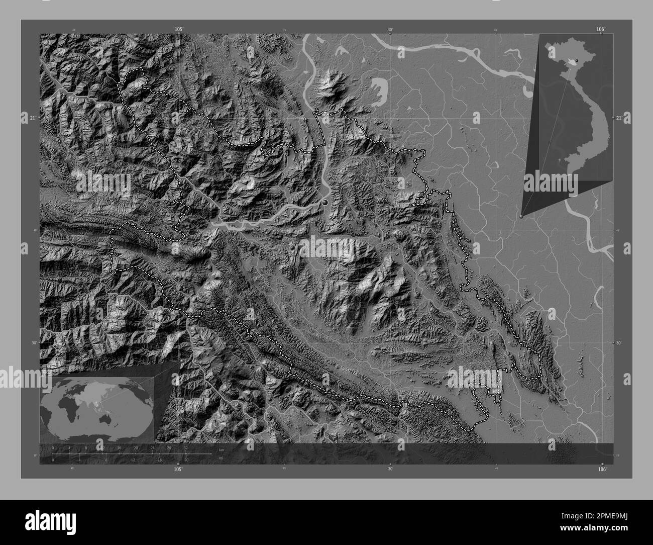 Hoa Binh, province of Vietnam. Bilevel elevation map with lakes and ...