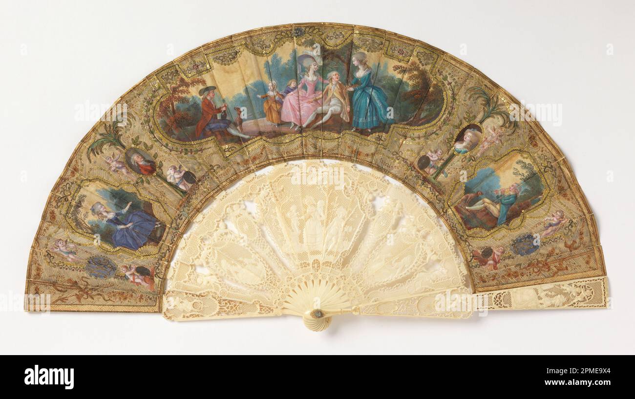 Pleated Fan (France); painted and gilded silk leaf with tambour work ...