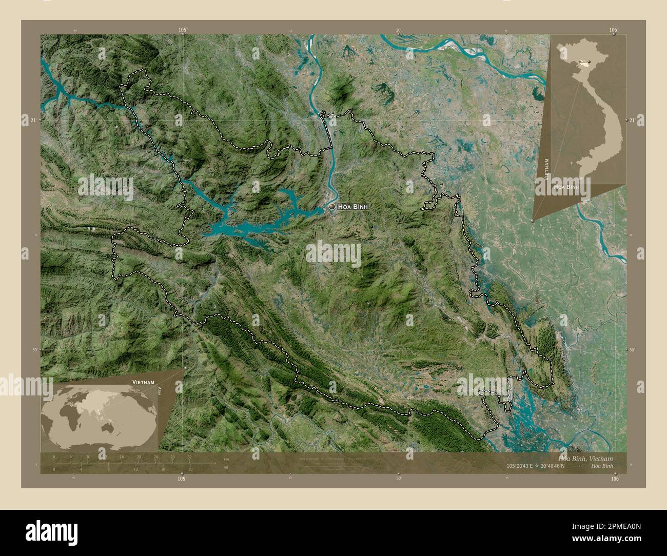 Hoa Binh, province of Vietnam. High resolution satellite map. Locations ...