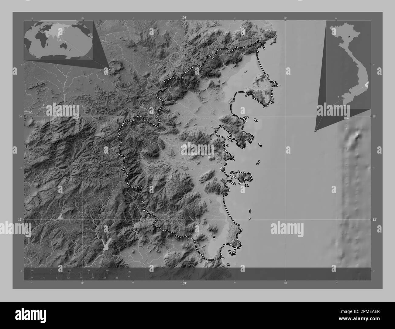 Khanh Hoa, province of Vietnam. Grayscale elevation map with lakes and ...
