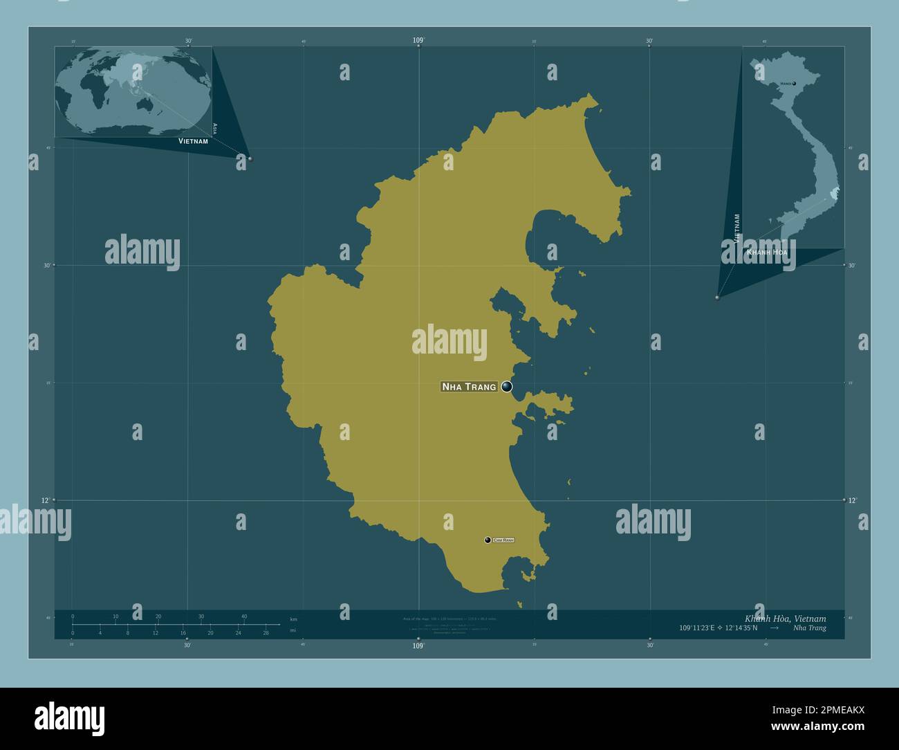 Khanh Hoa, province of Vietnam. Solid color shape. Locations and names ...