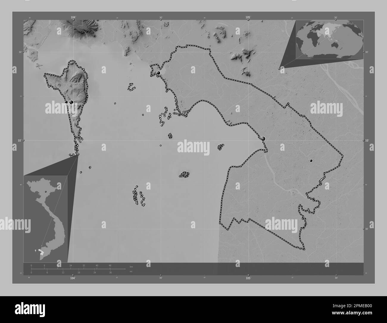 Kien Giang, province of Vietnam. Grayscale elevation map with lakes and ...