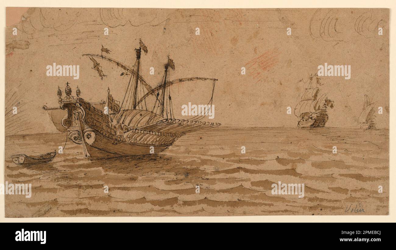 Drawing, Ships at Sea; Designed by Pierre-Jacques Volaire; France; pen ...