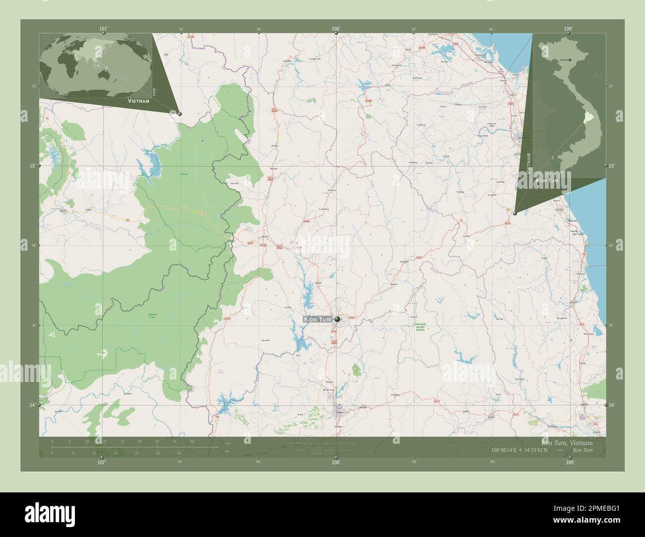 Kon Tum, province of Vietnam. Open Street Map. Locations and names of ...