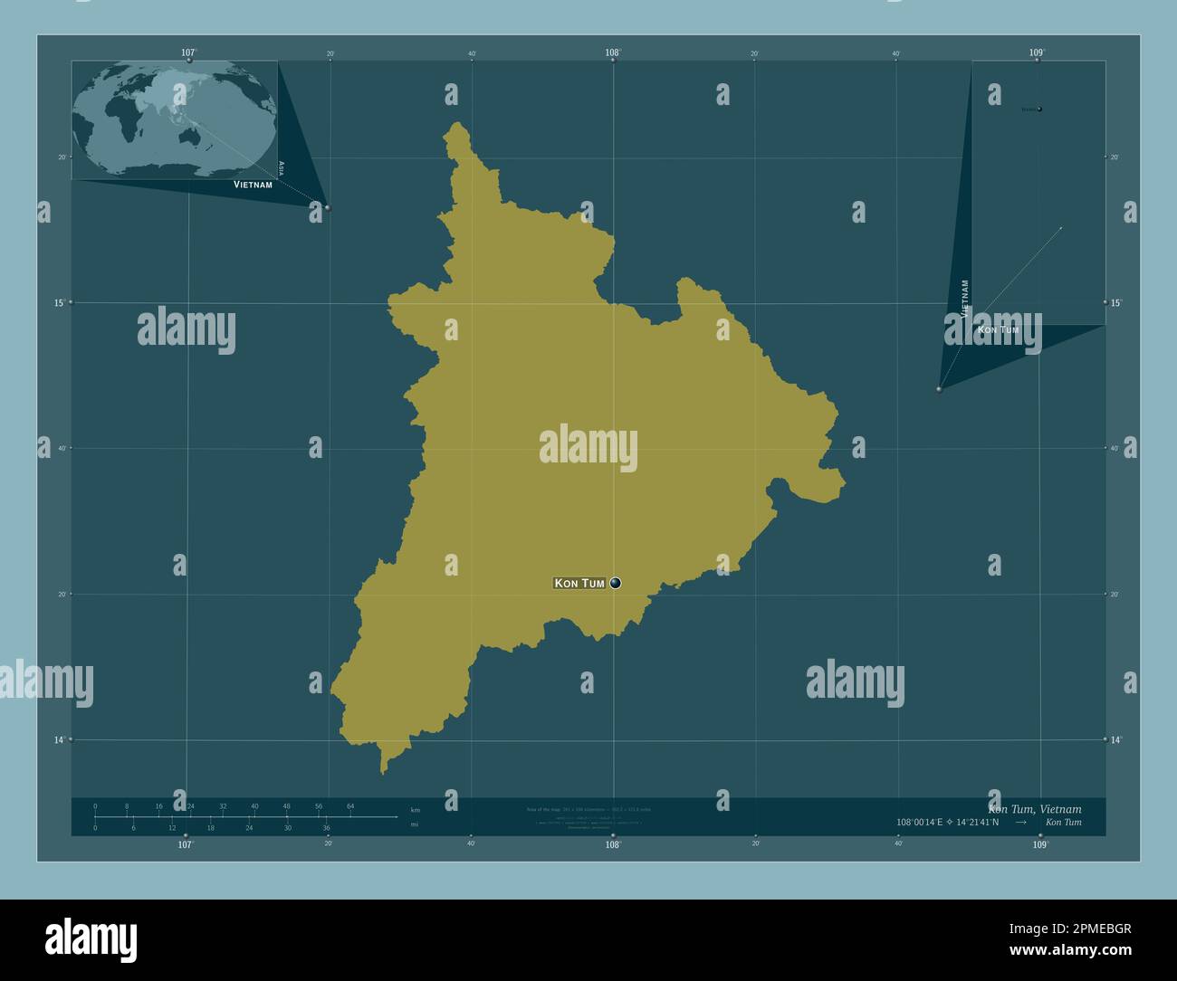 Kon Tum, province of Vietnam. Solid color shape. Locations and names of ...
