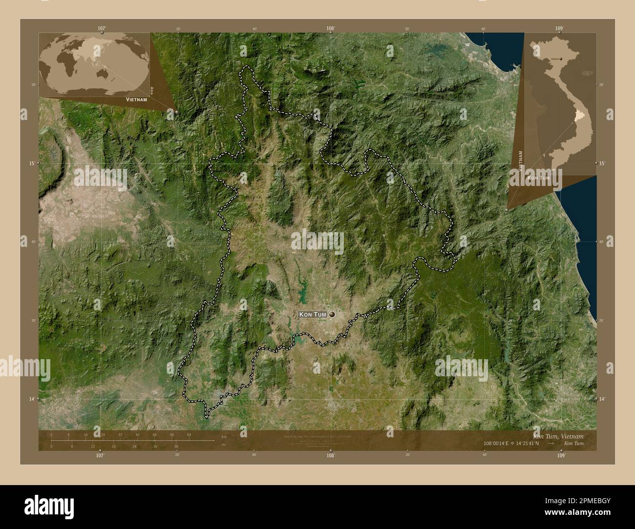 Kon Tum, province of Vietnam. Low resolution satellite map. Locations ...