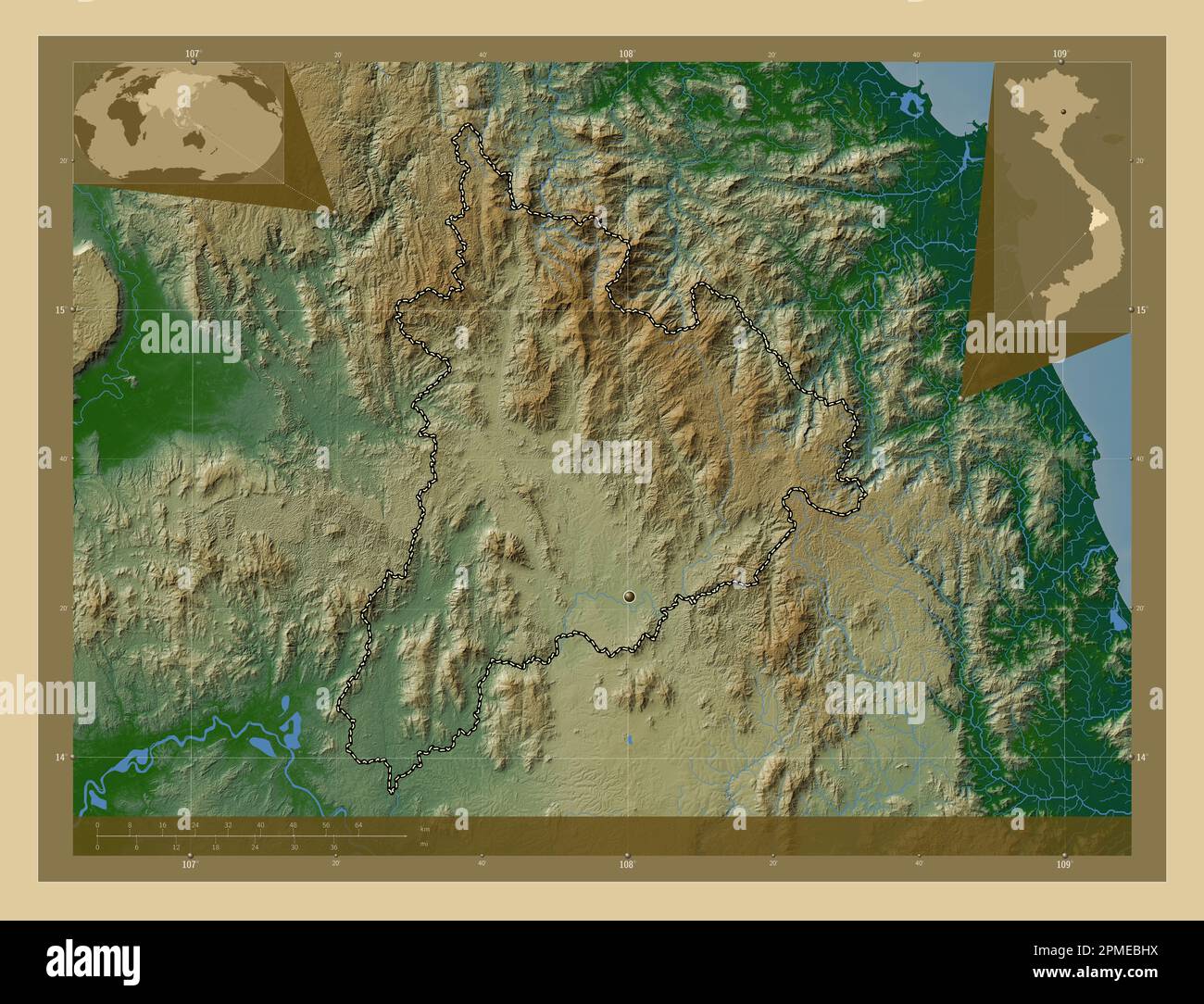 Kon Tum, province of Vietnam. Colored elevation map with lakes and ...