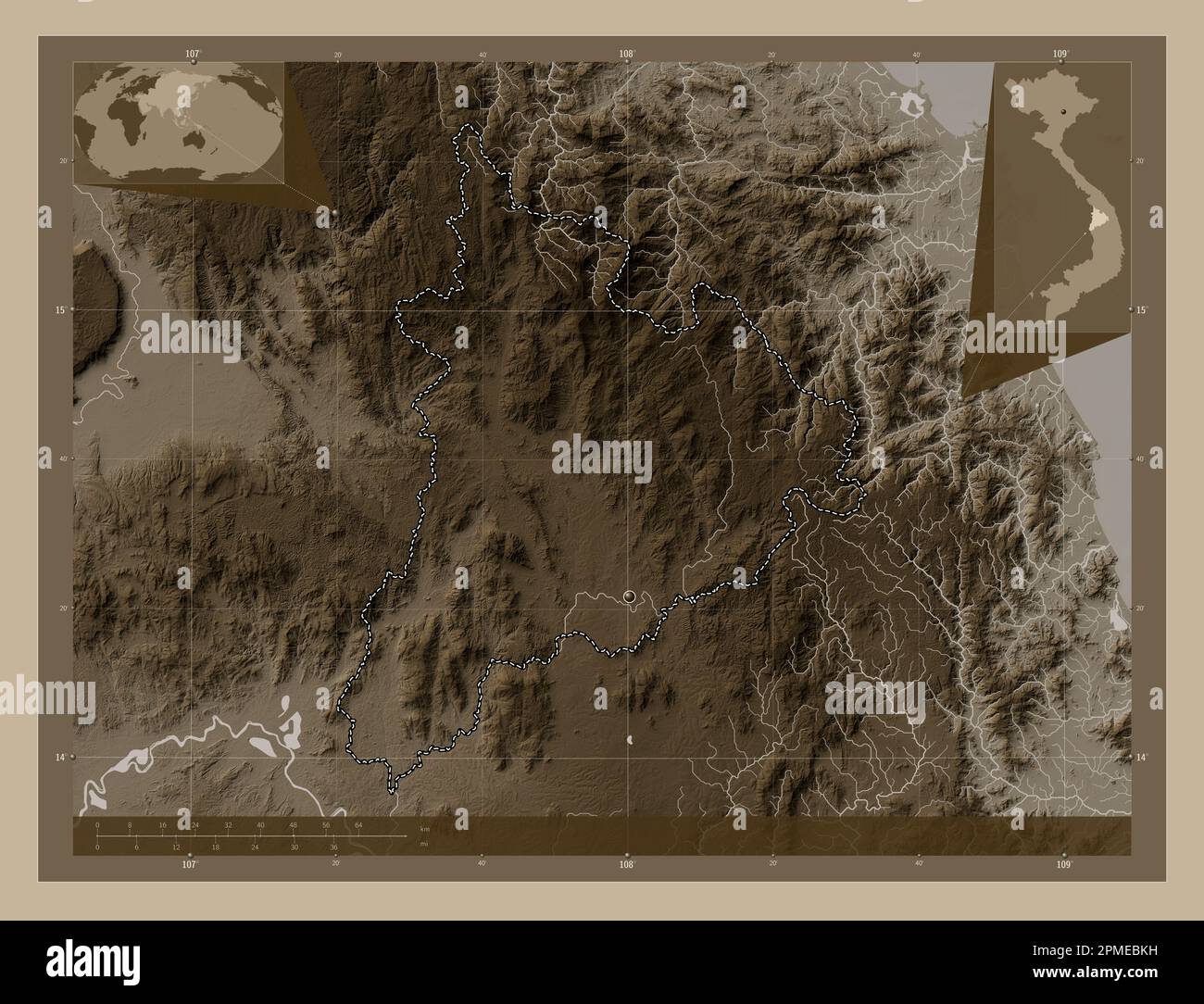 Kon Tum, province of Vietnam. Elevation map colored in sepia tones with ...