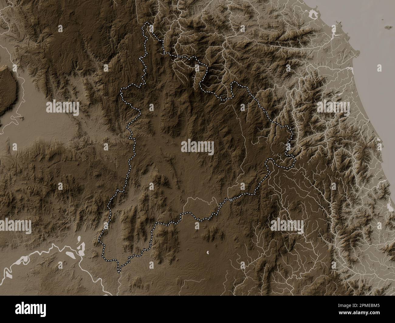 Kon Tum, province of Vietnam. Elevation map colored in sepia tones with ...