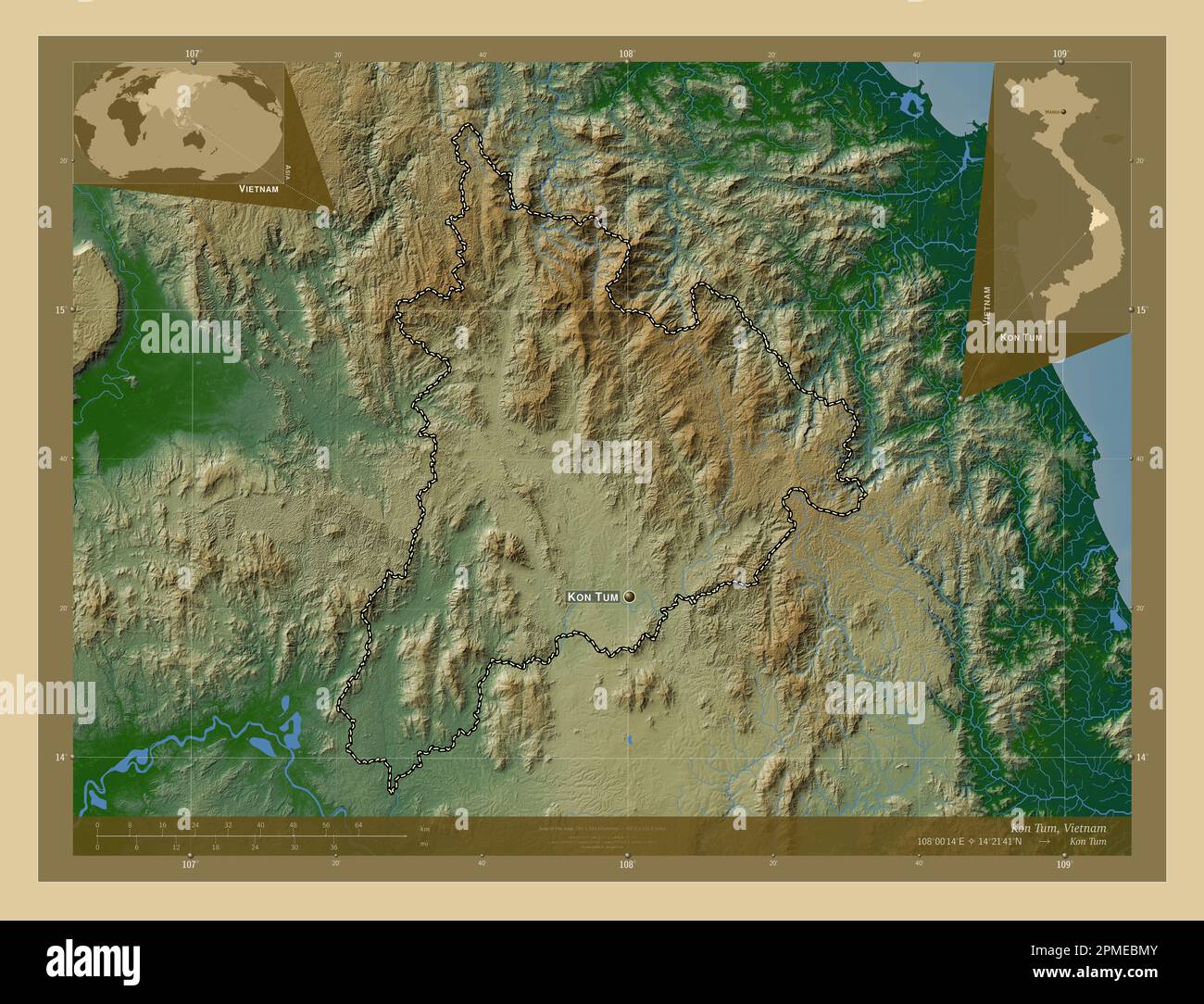 Kon Tum, province of Vietnam. Colored elevation map with lakes and ...