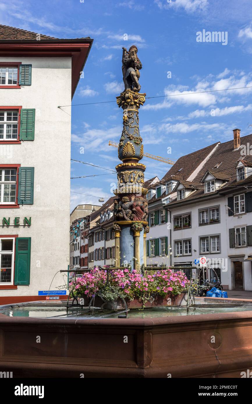 Basel, Switzerland - July 26 2021: Medieval Holbein fountain, built in ...