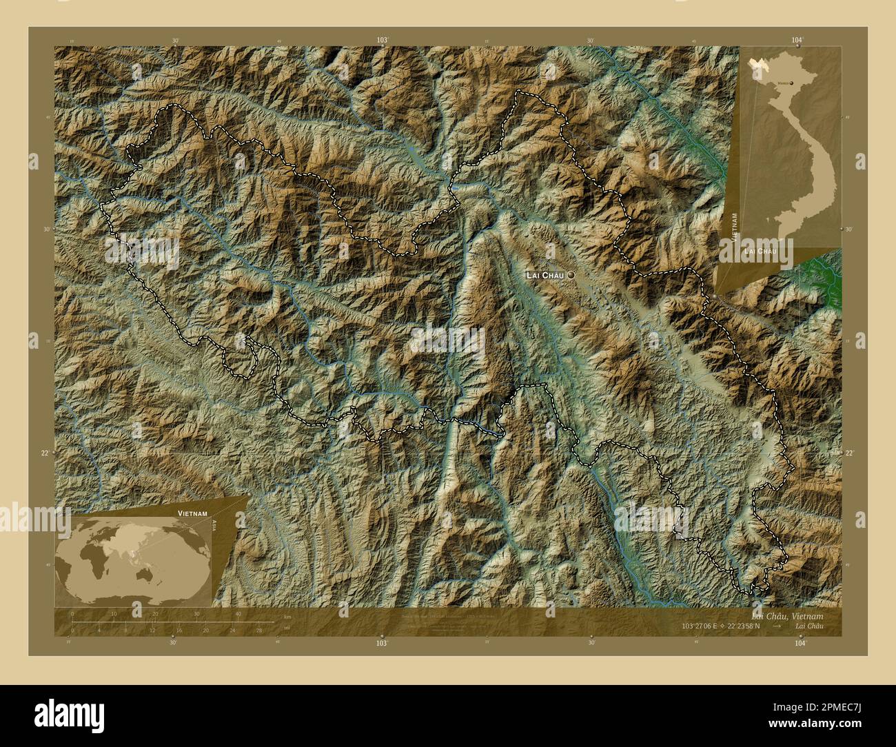 Lai Chau, province of Vietnam. Colored elevation map with lakes and ...
