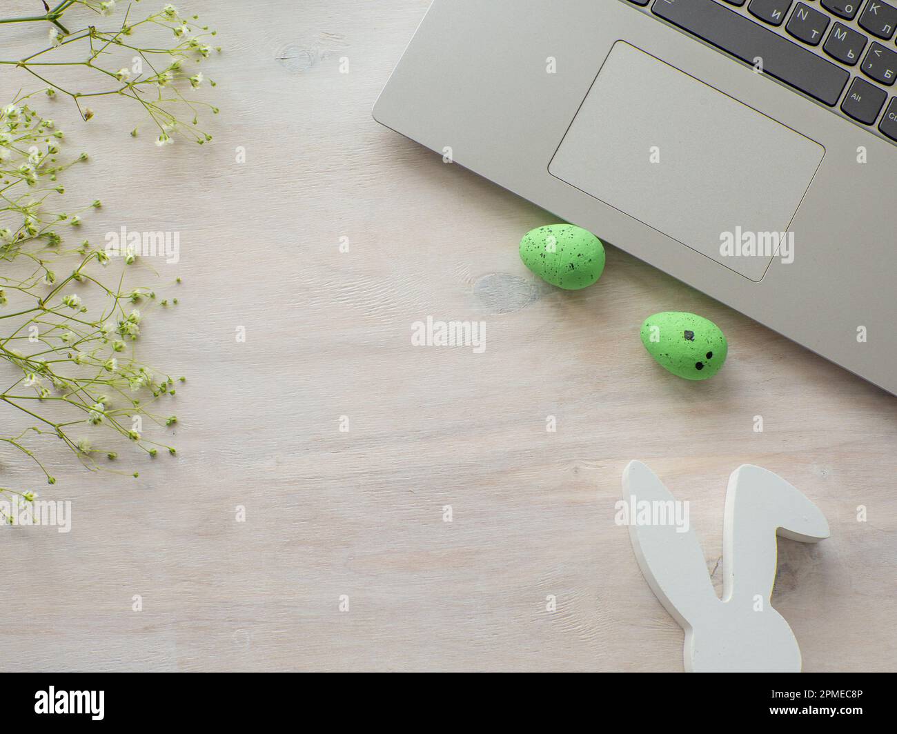 Business work desk with laptop and green eggs on white wood background ...