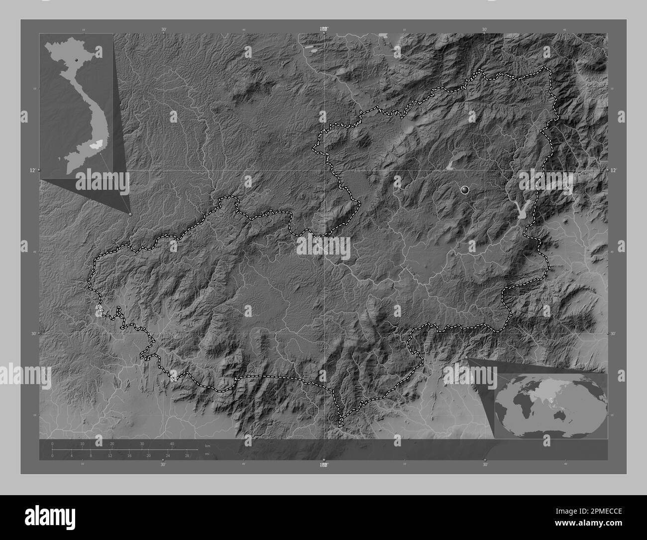 Lam ong, province of Vietnam. Grayscale elevation map with lakes and ...