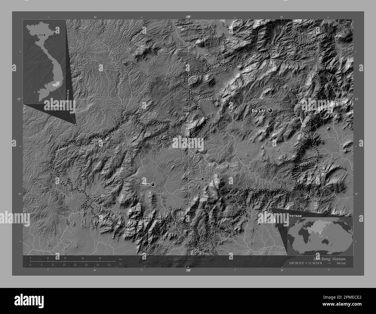 Lam ong, province of Vietnam. Bilevel elevation map with lakes and ...