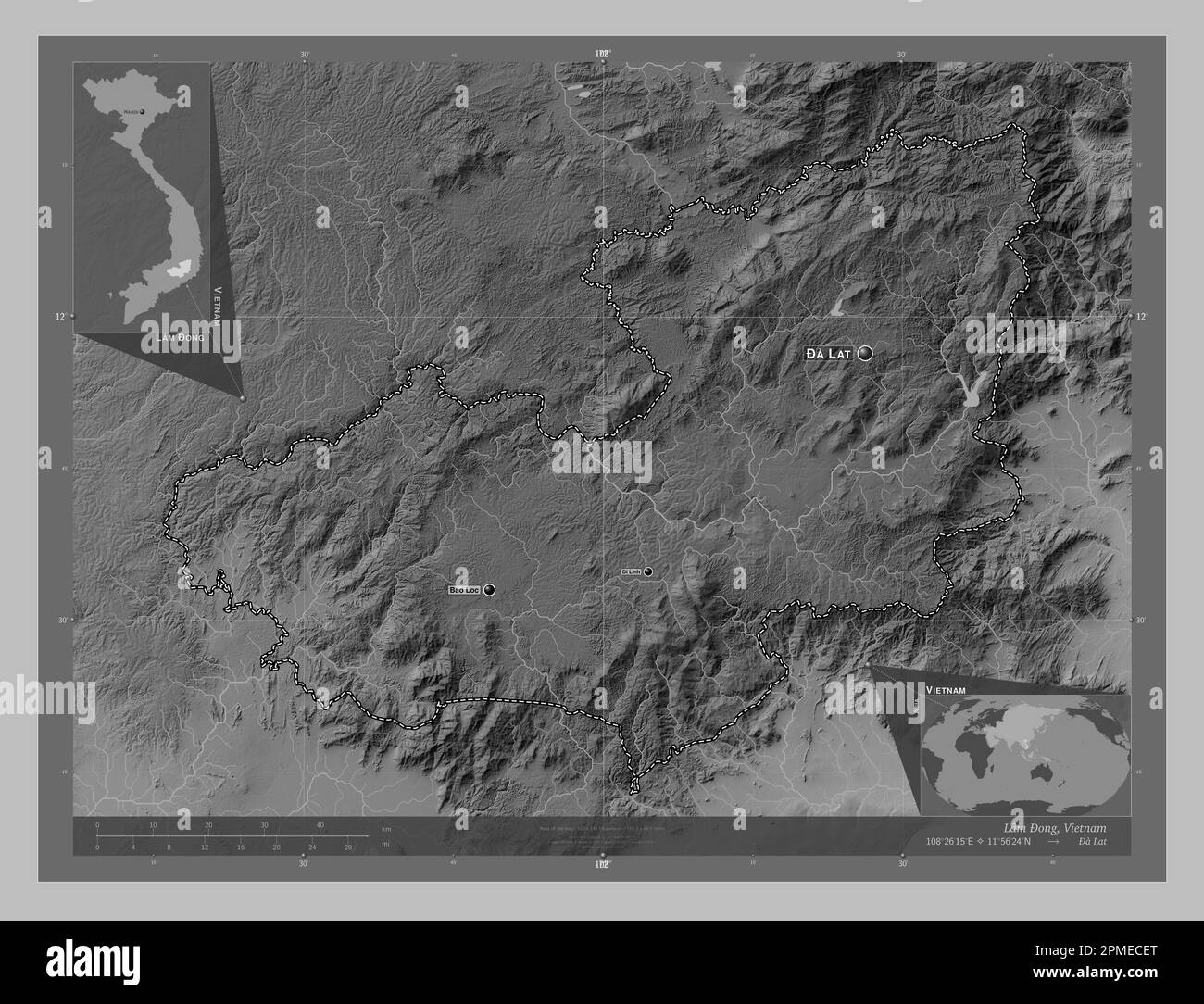 Lam ong, province of Vietnam. Grayscale elevation map with lakes and ...