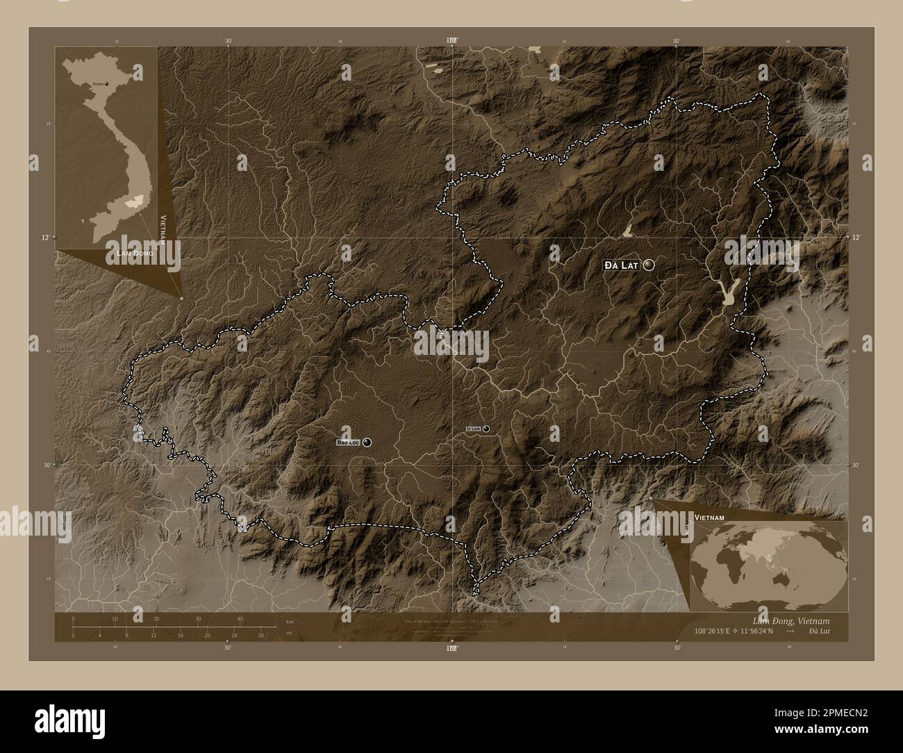Lam ong, province of Vietnam. Elevation map colored in sepia tones with ...