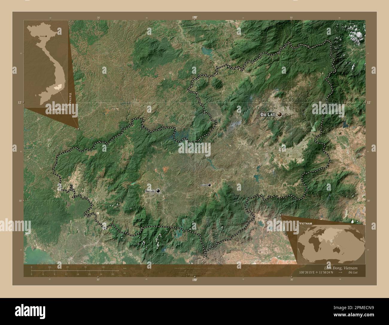 Lam ong, province of Vietnam. Low resolution satellite map. Locations ...