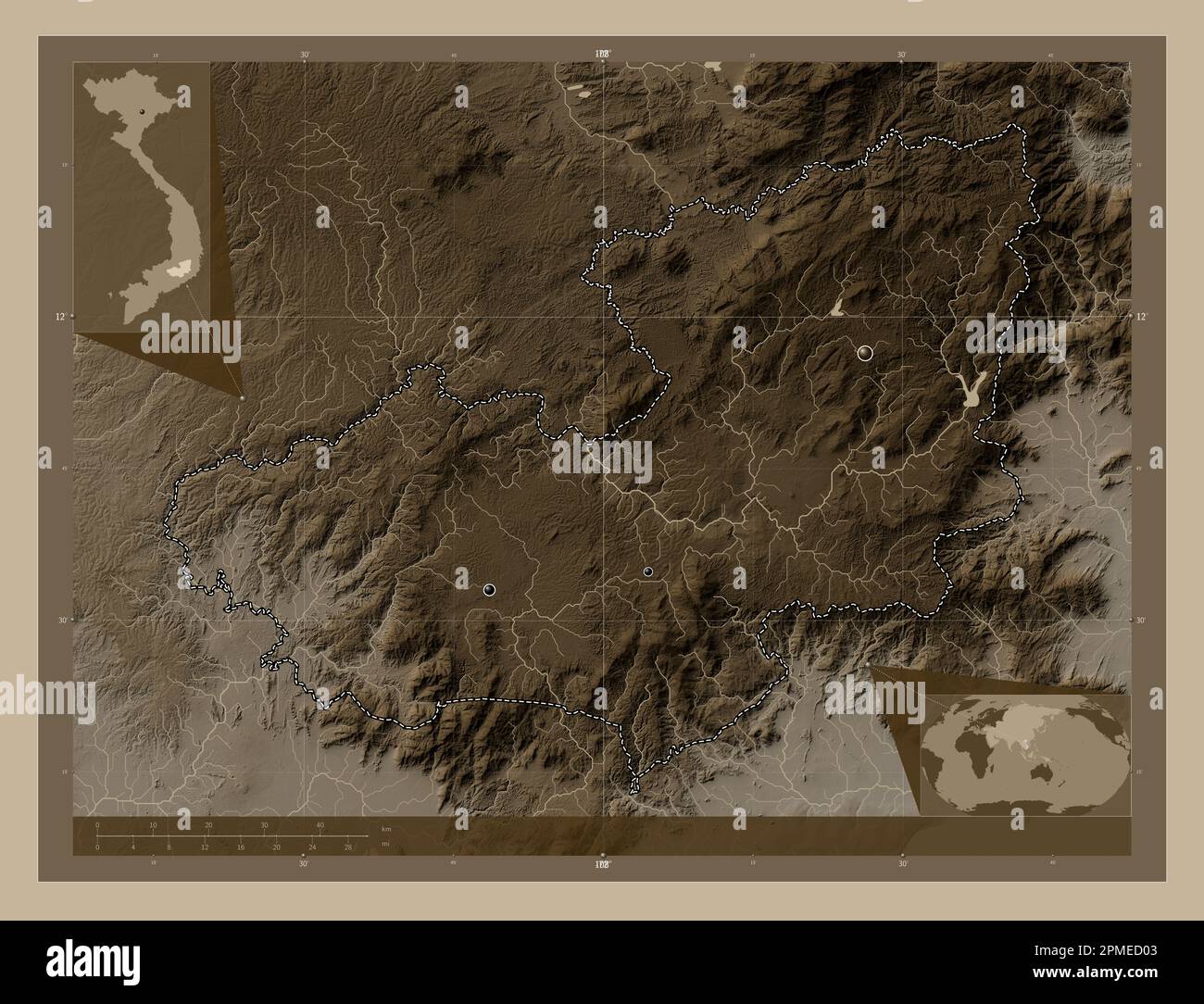 Lam ong, province of Vietnam. Elevation map colored in sepia tones with ...