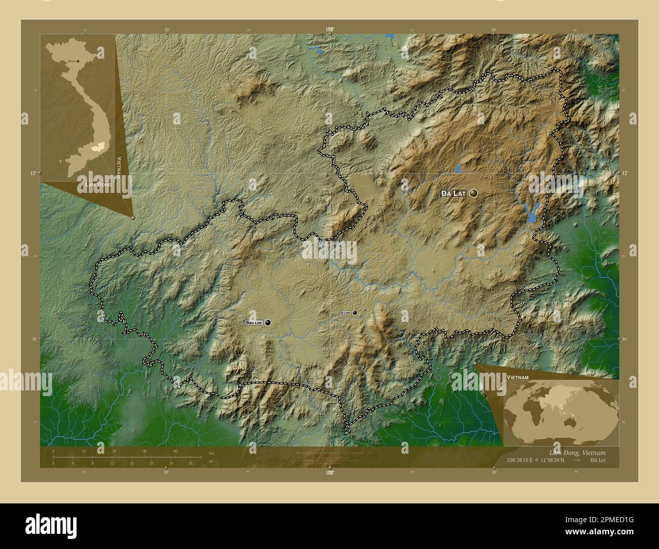 Lam ong, province of Vietnam. Colored elevation map with lakes and ...